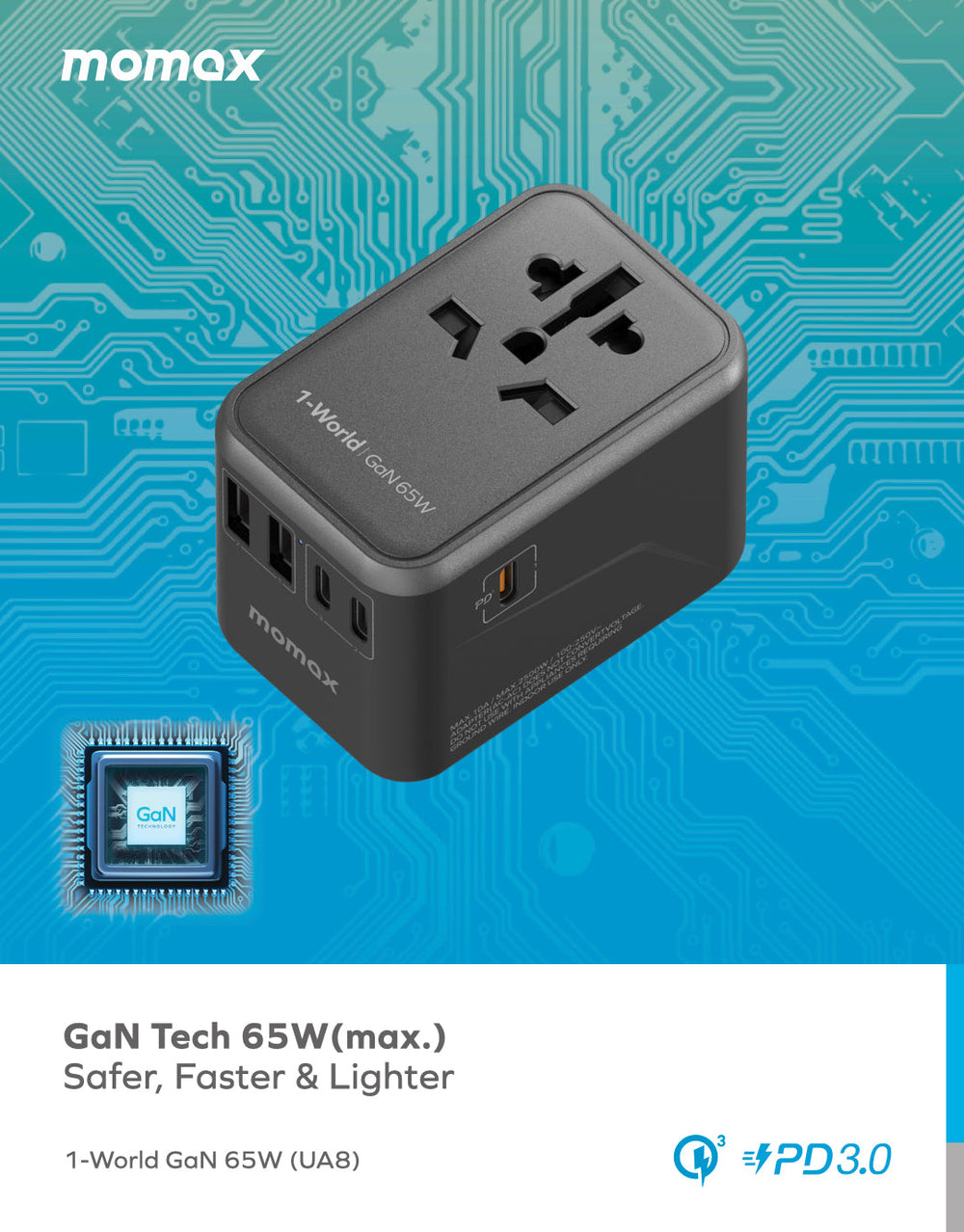 1-World Universal 5-Port Travel GaN Charger 65W