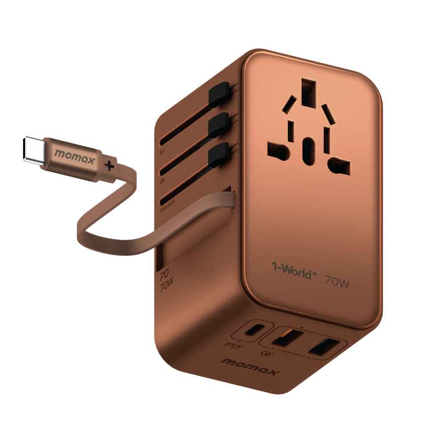 1-World+ 3-Port Travel GaN Charger With Built-in USB-C Cable 70W
