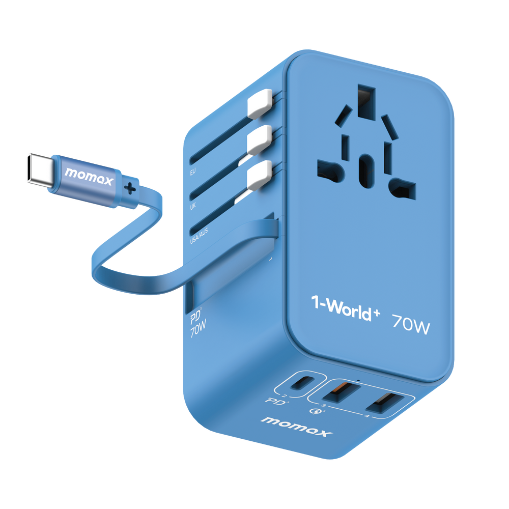 1-World+ 3-Port Travel GaN Charger With Built-in USB-C Cable 70W